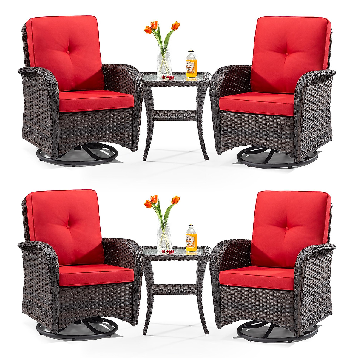 Gardenbee Patio Swivel Glider Wicker Chairs - Outdoor Swivel Rocking Chairs Set of 4 with 2 Wicker Side Tables, Patio Swivel Rocker Chair 6 Piece Patio Furniture Sets for Patio Porch Deck(Brown/Red)