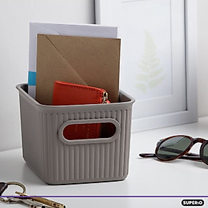 Superio Ribbed Collection - Decorative Plastic Open Home Storage Bins Organizer Baskets, Small Taupe (6 Pack) Container Boxes for Organizing Closet Shelves Drawer Shelf 1.5 Liter