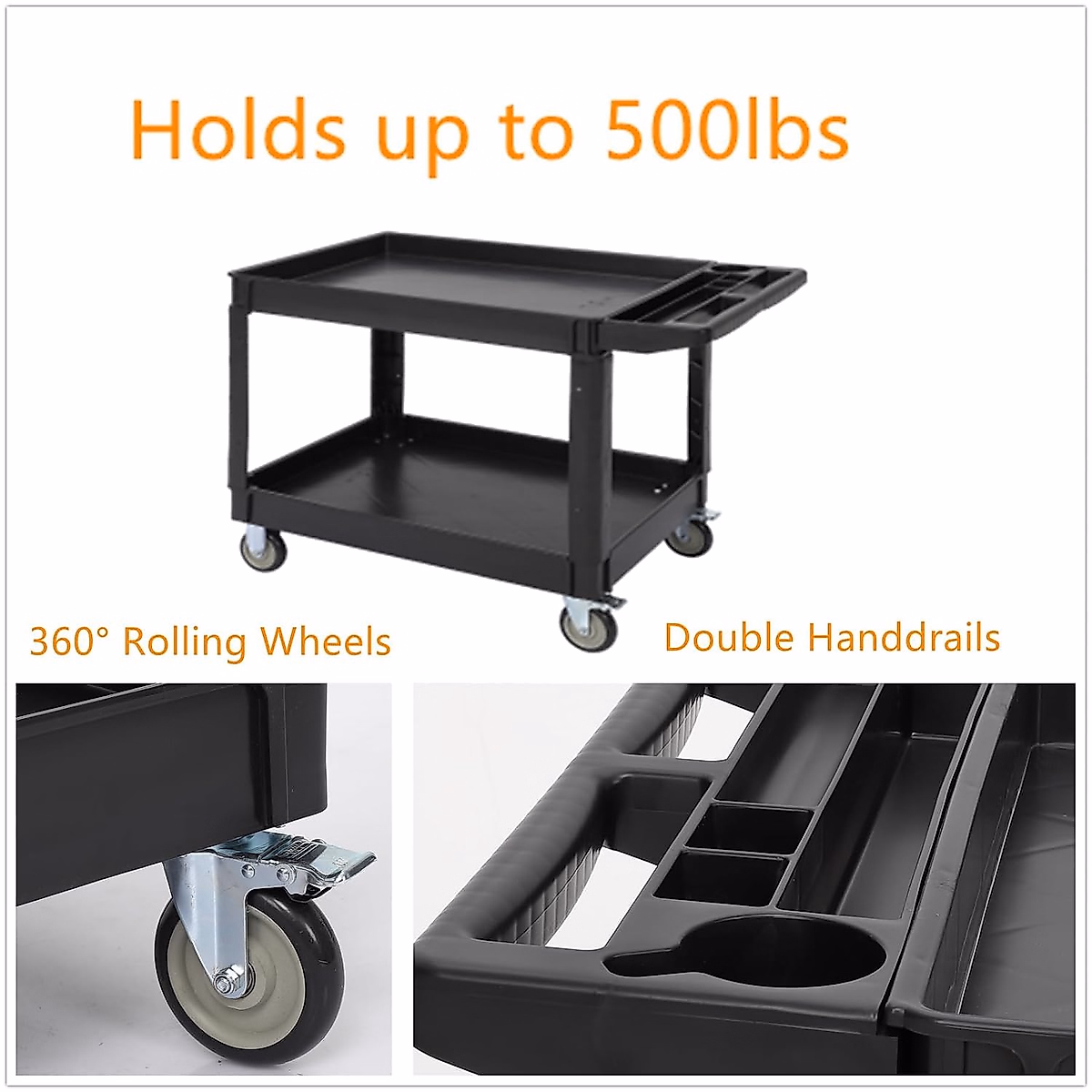 Service Cart 2-Shelf, Storage Handle, 500 lbs Capacity, for Warehouse/Garage/Cleaning/Manufacturing，45"X25"