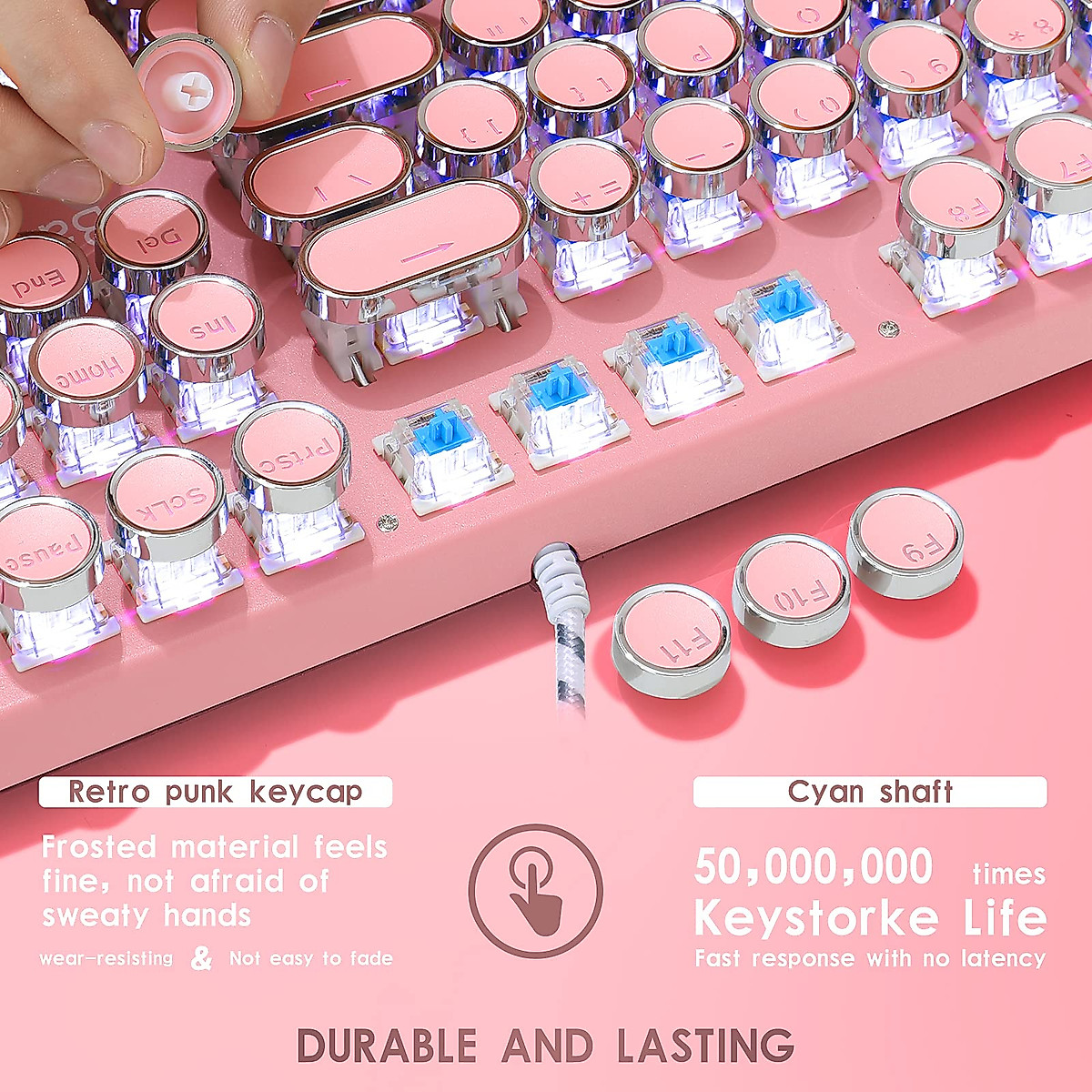 Basaltech Typewriter Keyboard and Mouse Combo, Pink Gaming Keyboard with White LED Backlight, Round Keys Blue Switch Mechanical Keyboard with Magnetic Removable Wrist Rest for Game and Office