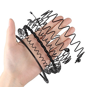 fenshine 6PCS Metal Hair Bands, Spring Wavy Hoop Unisex Black Headband Slicked Back Non Slip Sports Hairband for Women Men…