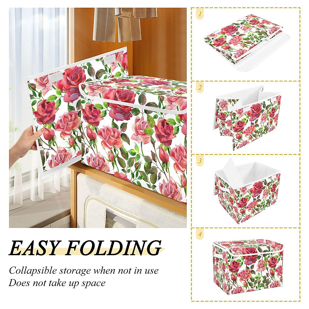 xigua Rose Storage Bin with Lids Larger Collapsible Decorative Cube Storage Bins with Handles Divider for Bedroom Closet Living Room