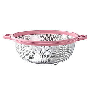 HiramWare Stainless Steel Colander With Handle and Legs, Large Metal Pink Strainer for Pasta, Spaghetti, Berry, Veggies, Fruits, Noodles, Salads, 5-quart 10.5” Kitchen Mesh Colander, Dishwasher Safe
