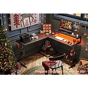 Bestier LED Gaming Desk 55" L Shaped Computer Corner Desk with 2 Cup Holders 2 Headset Hooks 36" Large Monitor Shelf Home Office Desk Bedroom Reversible 72" Long Desk for 2 Persons, Black