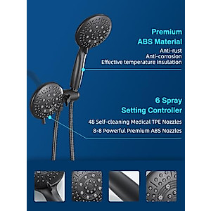 Cobbe 48-Setting High Pressure 3-Way Shower Head Combo, Hand Held Shower & Rain Shower Separately or Together, 4.7" Dual 2 in 1 Showerhead with Stainless Steel Hose - Matte Black