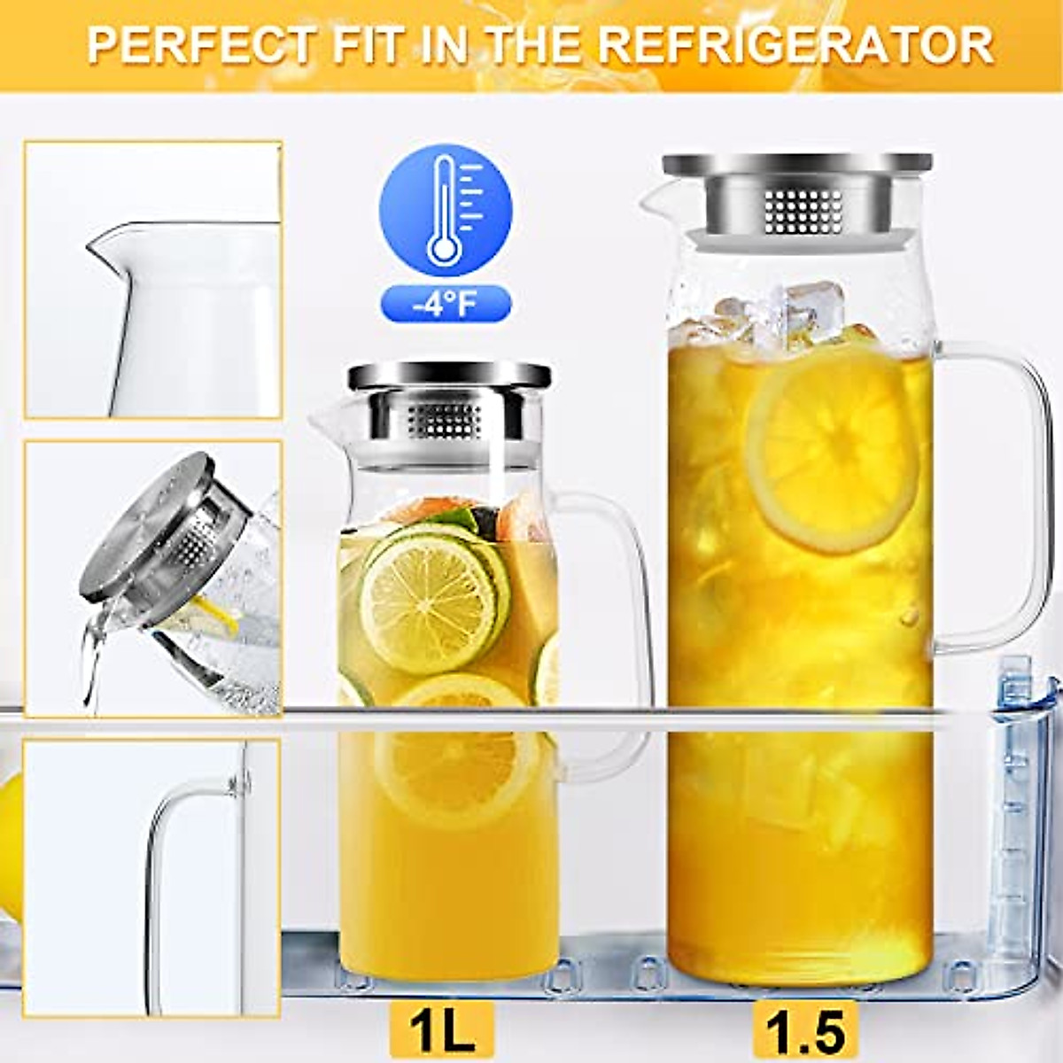 Yirilan Glass Pitcher,51oz/1.5liter Glass Pitcher With Lid,Carafes & Pitchers,Iced Tea Pitcher,Water Carafe With Handle,Heat Resistant Borosilicate Glass Jug,Beverage Pitcher, Tea Jug(With Brush)