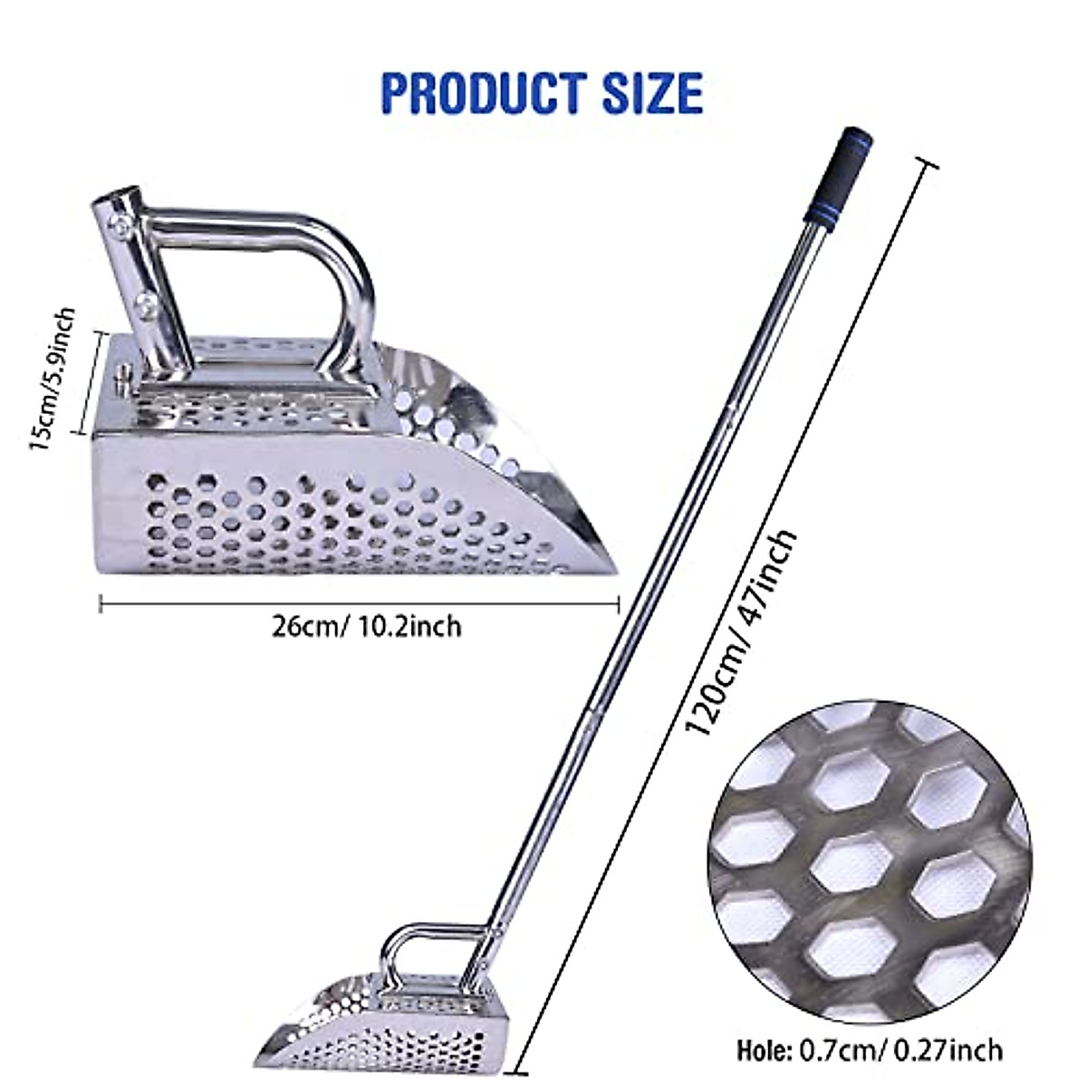 Shaledig Sand Scoop for Metal Detecting, 304 Stainless Steel Shovel Scoop for Metal Detecting for Adults, Rust-Proof Sand Scoops for Treasure Hunting, Handheld with Long Heavy Duty Handle Pole Design