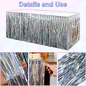 2 Pack Iridescent Table Skirt, Metallic Foil Fringe Tinsel Table Skirts for Rectangle Tables, Disposable Laser Rainbow Table Skirt Iridescent Party Decorations for Birthday Wedding Holiday, 29x108Inch
