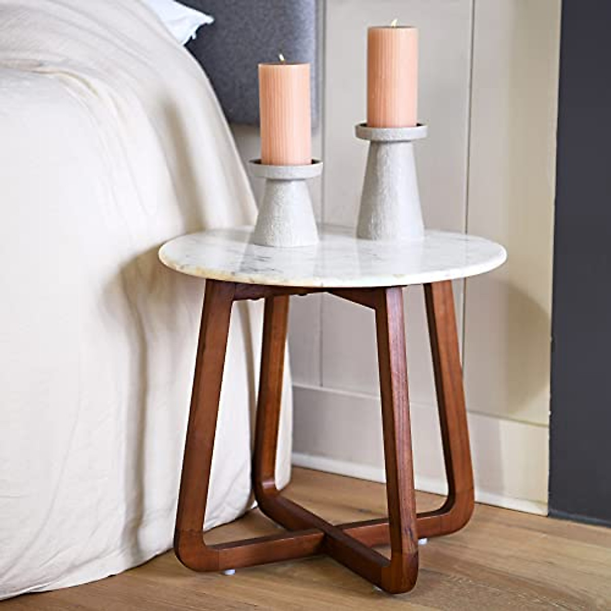 Main + Mesa Modern Boho Round End Table with Genuine Marble Top and Solid Wood Legs, White and Walnut