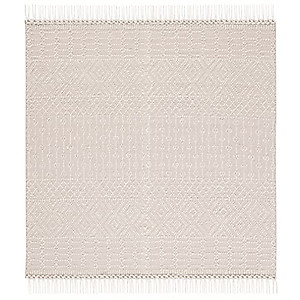 SAFAVIEH Natura Collection 4' Square Ivory NAT852B Handmade Moroccan Boho Fringe Wool Area Rug
