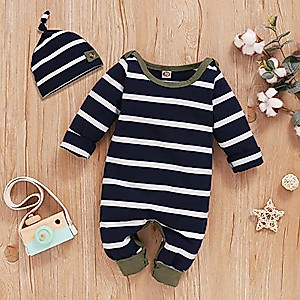 Infant Newborn Baby Boy Clothes Stripe Cotton Romper Long Sleeve Jumpsuit Hat Baby Boys Fall Winter Outfit