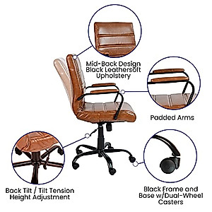Flash Furniture Whitney Mid-Back Desk Chair - Brown LeatherSoft Executive Swivel Office Chair with Black Frame - Swivel Arm Chair