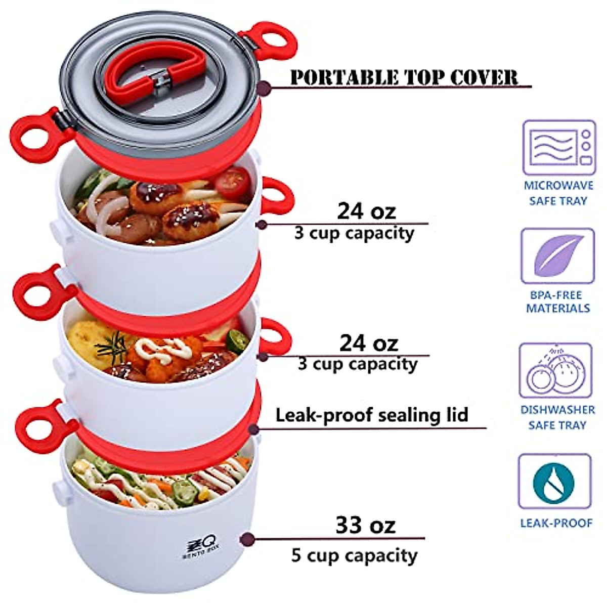 ZZQ Bento Box Adult Lunch Box with Bag/Utensil, Stackable Large 81-oz Salad Bowl - Microwave Safe/Leak-Proof Bpa Free Lunch Containers for On-the-Go Balanced Eating - White