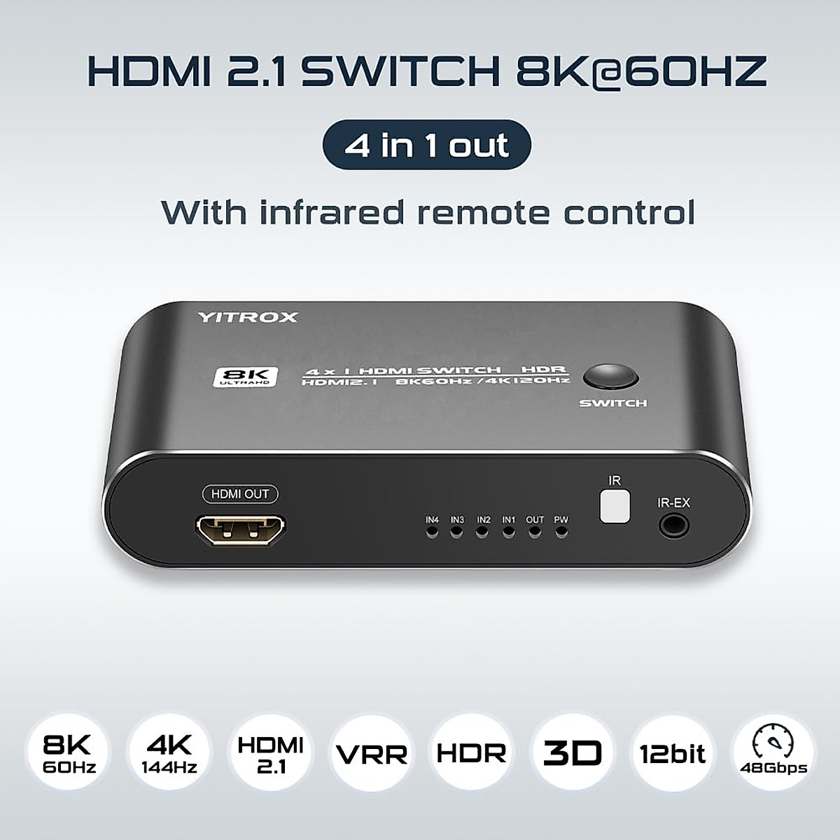 HDMI Switch 4 in 1 Out 4K 120Hz, 4K 144Hz, 8K 60Hz, HDMI 2.1 Switcher Compatible with PS4/5, Xbox, Fire Stick, Apple TV, Roku, HD TV, Aluminum Shell