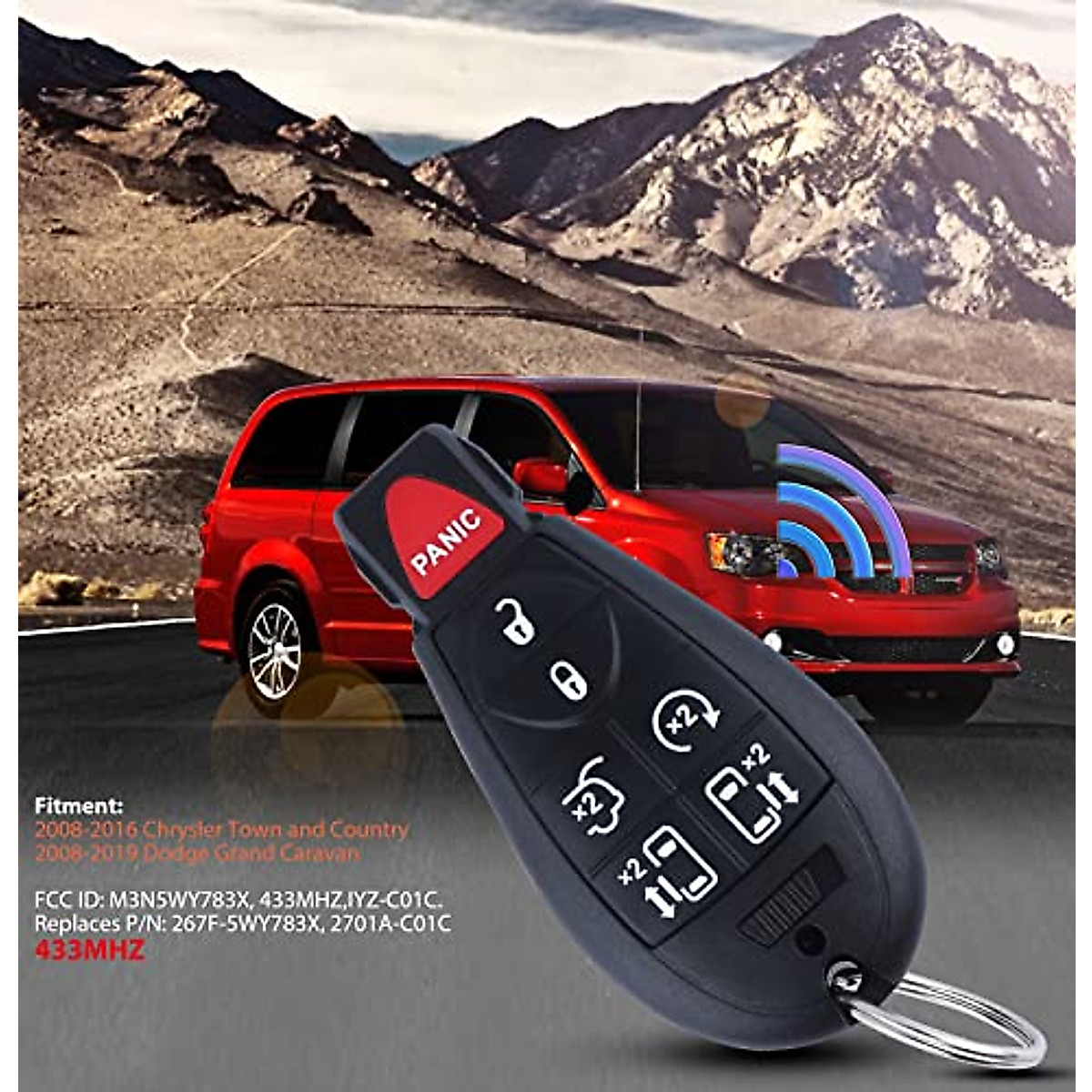 OEM Keyless Entry Remote Key Fob Replacement fit 2008-2019 Dodge Grand Caravan, 2008-2016 Chrysler Town and Country (M3N5WY783X IYZ-C01C 433MHZ 7Btn) Set of 2