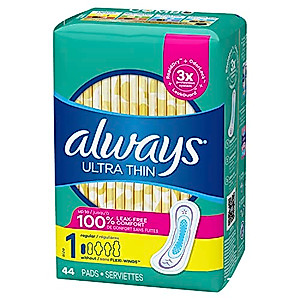 Always Ultra Thin Pads for Women, Size 1 Regular Absorbency Without Wings Unscented, 44 Count x 3 Packs (132 Count total)