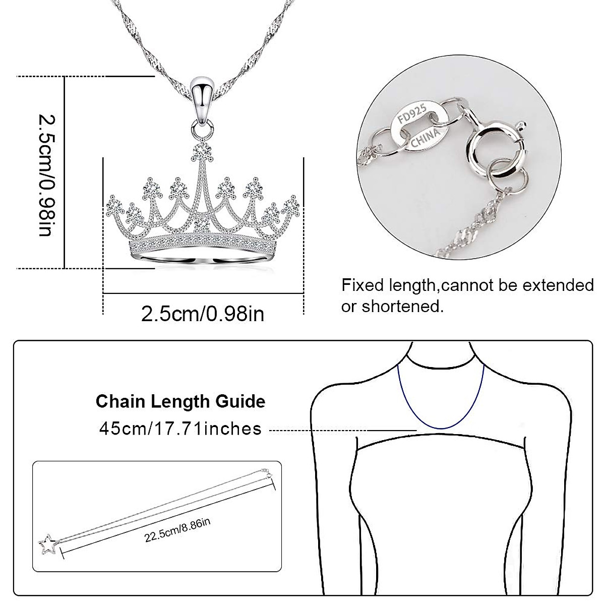 Gemschest Sterling Silver Round Cubic Zirconia Crown Pendant Necklace Queen Jewelry for Mom Women with 18" Silver Chain