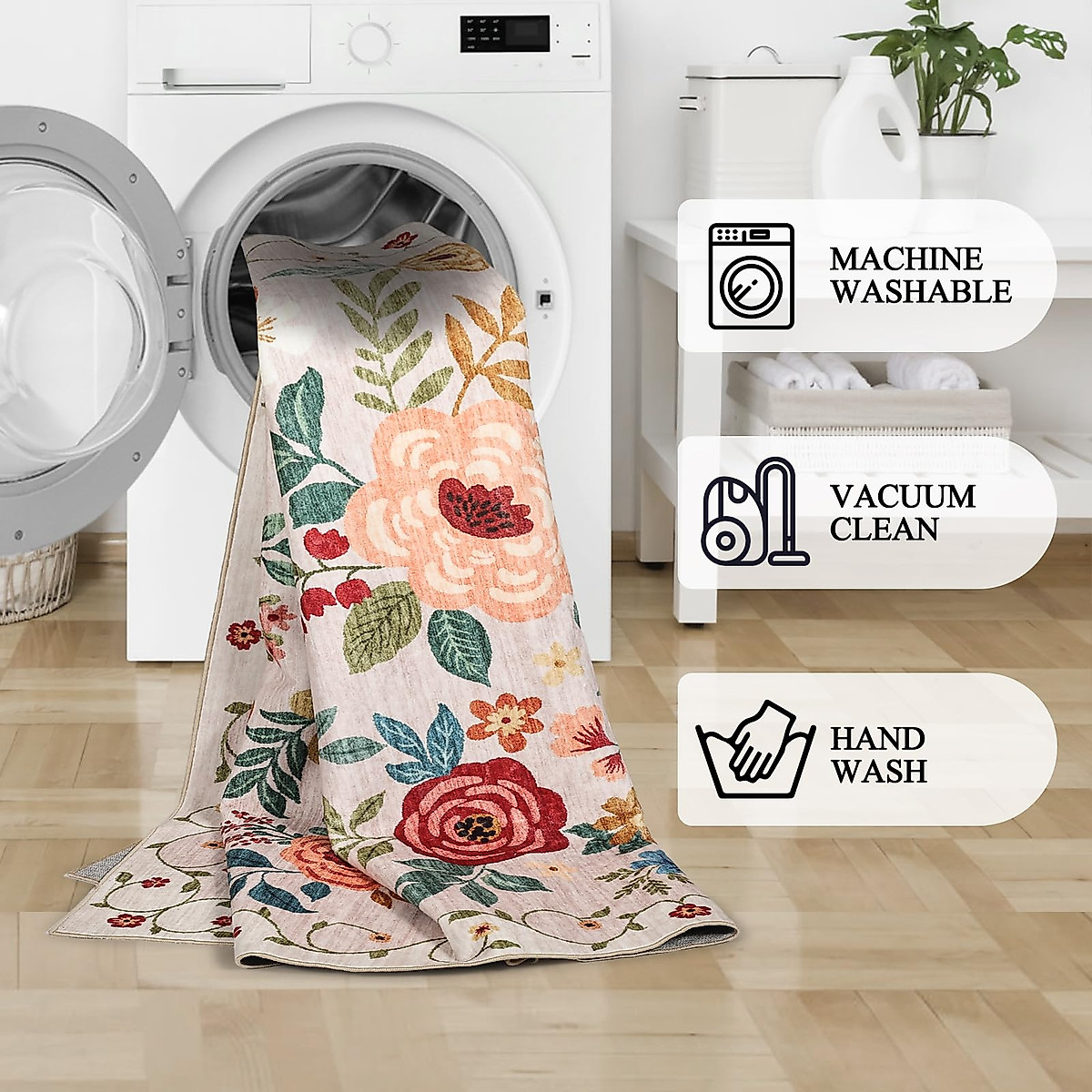 DUKINO 6x9 Area Rug, Floral Rugs for Living Room, Lightweight Non Slip Washable Rug, Indoor Low Pile & Non-Shedding Boho Design Rugs for Bedroom, Living Room, Dining Room, Beige