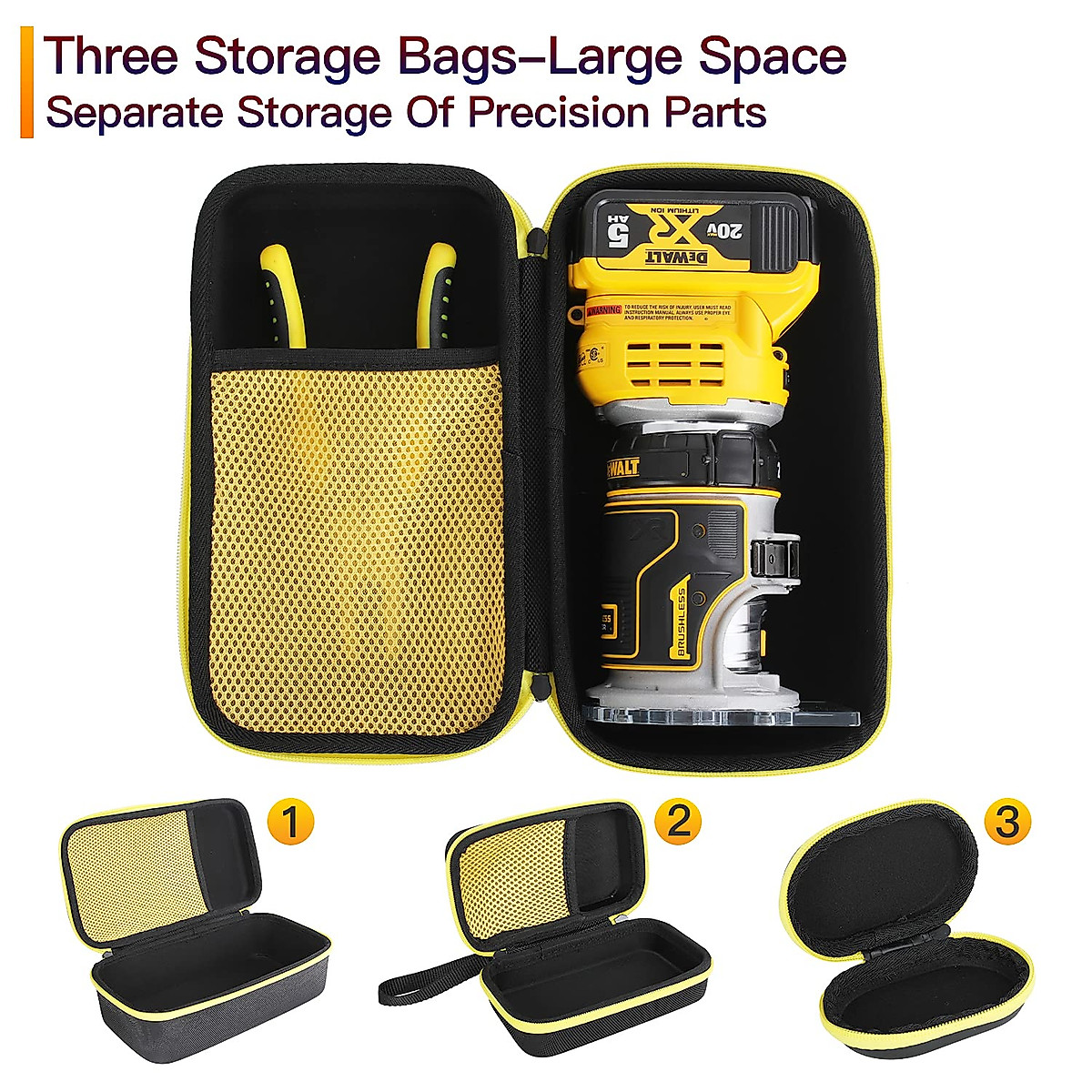 AIKANG 3 Pcs Hard Case,Case for DEWALT 20V Max XR Cordless Router, Brushless(DCW600B),Portable Carrying Storage Bag for Router Bits, Case Only