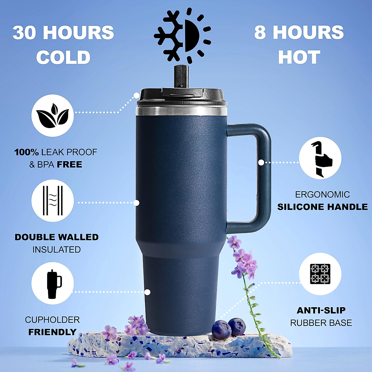 Klickpick Home 40 Ounce Stainless Steel Vaccum Insulated Thermal Tumbler With Handle Lid 2 straws, Reusable Travel Coffee Mug Cup Cupholder friendly, Keeps cold for 30 H, 100% Leakproof (Navy Blue)