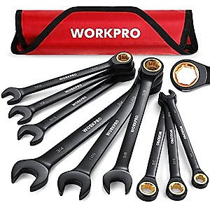 WORKPRO 9-Piece Anti-Slip Ratcheting Combination Wrench Set, SAE 1/4"-3/4", 72-Tooth, Cr-V Constructed, Black Ratchet Wrenches Set with Roll Up Pouch