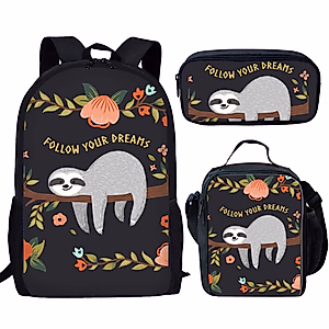 Showudesigns Sloth Schoobag Set Insulated School Backpack + Lunch Bag with Holder + Pencil Case 3 Pieces