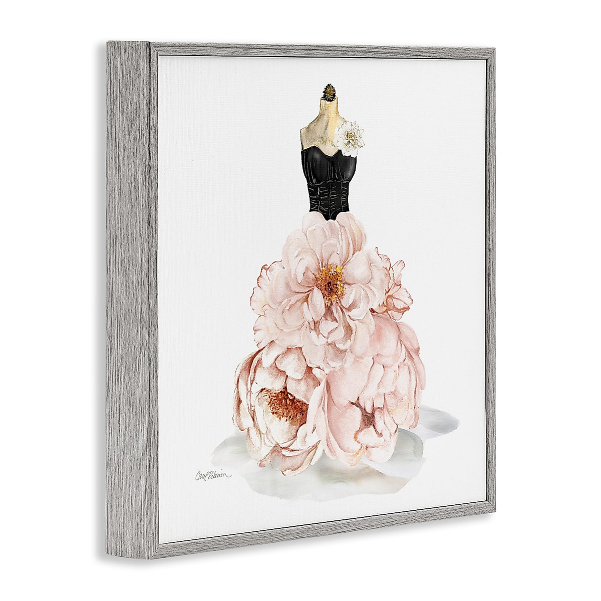 Stupell Industries Pink Peonies Floral Dress Black Corset Fashion Mannequin, Designed by Carol Robinson Gray Framed Wall Art, 24x24