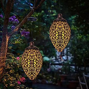 2 Pack Solar Hanging Lanterns Garden Decor Waterproof, Outdoor Solar Powered Lantern Decorative Lights Retro Lamp for Halloween Christmas Deck Patio Pathway Yard Backyard Porch Decorations