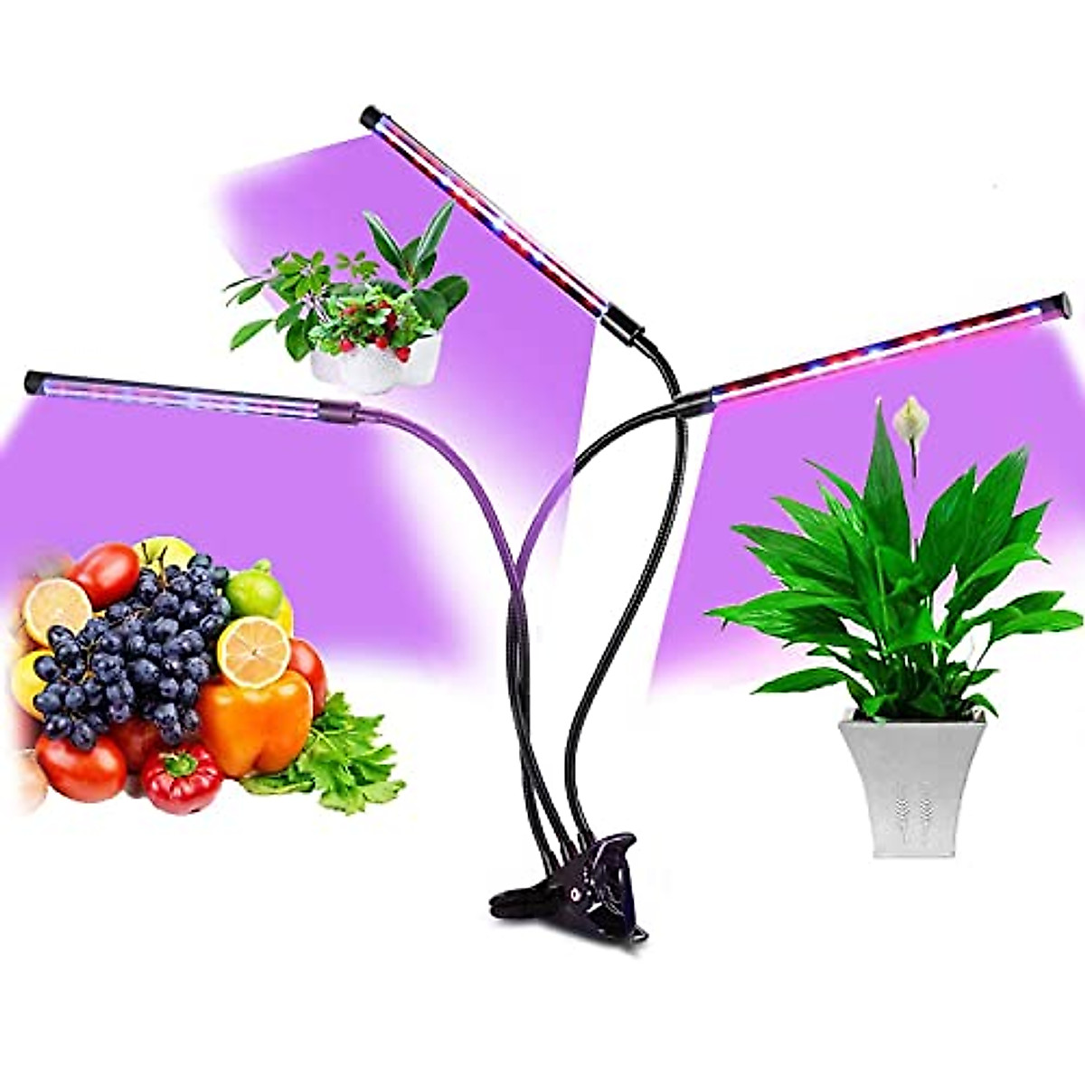UPODA LED Grow Light for Indoor Plants, Plant Growing Lamps for Seedlings Succulents Microgreens 9 Levels Dimmable Brightness Adjustable with 3/9/12H Timer (3 Heads/63 LED)
