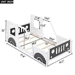Floor Bed Twin Size Car-Shaped Platform Bed with Wheels, Montessori Bed Frame with Fence and Door, Solid Wood Twin Bed Frame, Slats Included, No Box Spring Needed (Twin Size, White)