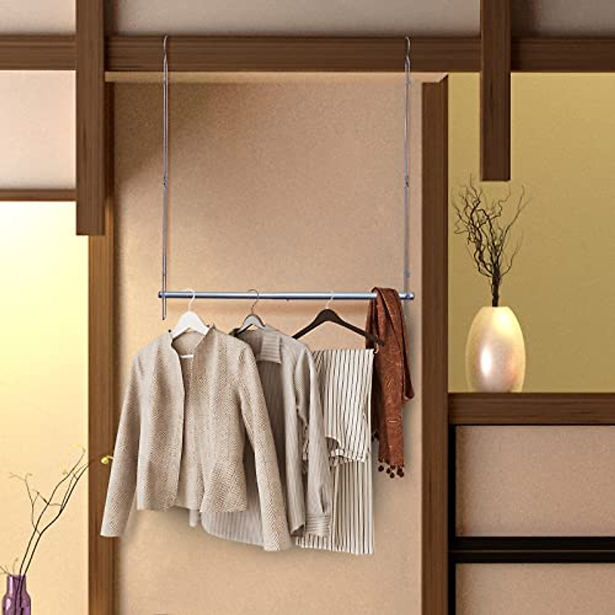 Exsun 2pcs Closet Rod for Hanging Clothes Adjustable Double Hanging Closet Rod Closet Bar Closet Systems Closet Brackets with Rod Holder