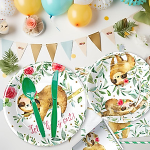 APOWBLS Sloth Birthday Party Supplies Girl, Sloth Party Decorations Tableware For Baby Shower Birthday, Paper Plate, Napkin, Fork, Tablecloth, Jungle Animal Sloth Party Supplies Dinnerware | Serve 24