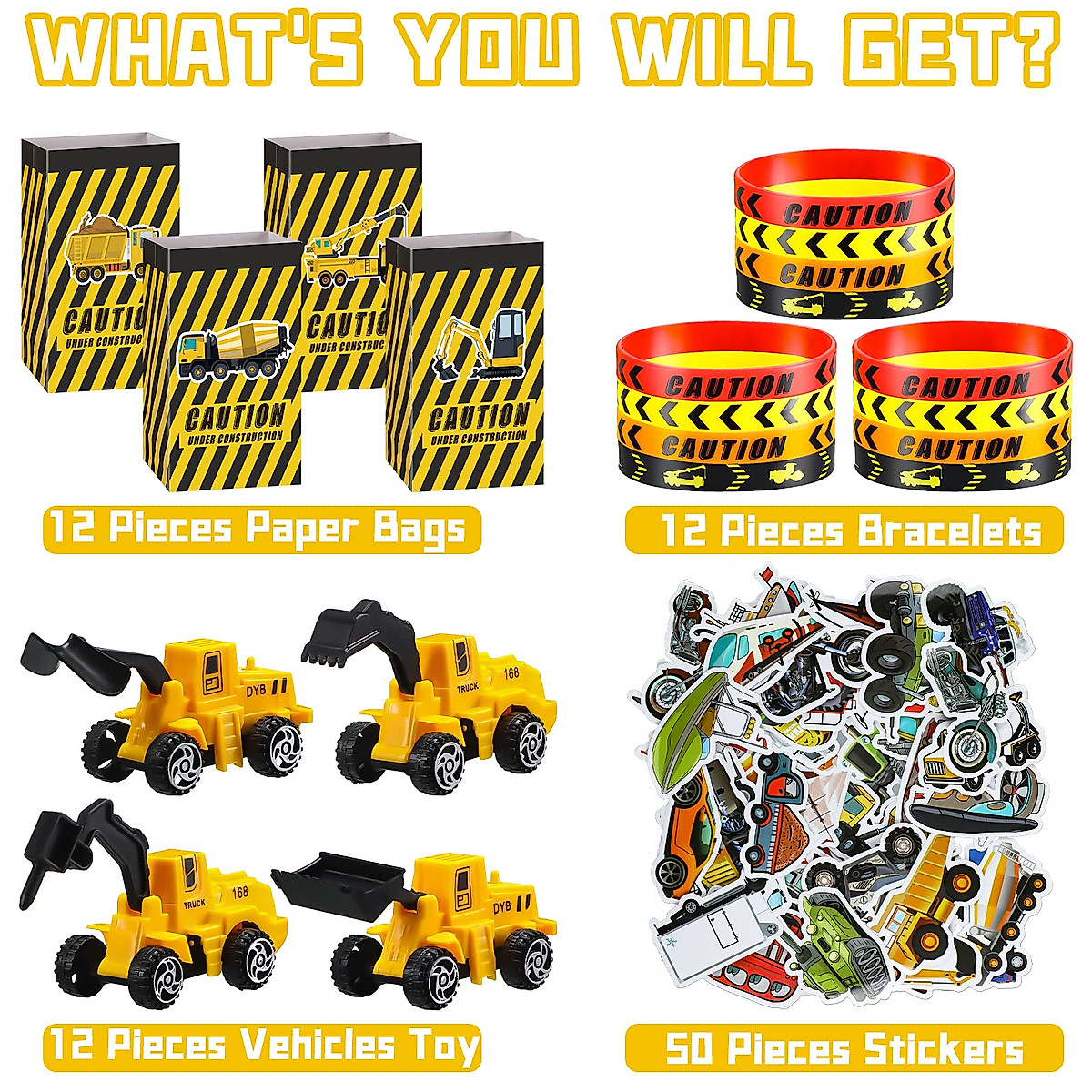 Construction Theme Party Favors Birthday Supplies Goodie Favor Bags Waterproof Truck Car Sticker Mini Engineering Car Toys Rubber Bracelets for Shower Return Present Construction Supplies (86)