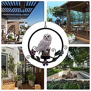 ASFSKY Solar Owl Garden Decorations LED Owl Hanging Ring Statue Retro Metal Waterproof for Outdoor Decorative Owl Ornament Owl Gifts for Owl Lovers (White)