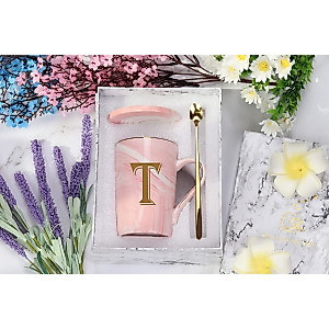 Letter T Personalized Initial Marble Coffee Mug for Women, Bridal Shower Gifts, Man and Women's Initials Gifts 14 Ounce Pink With Gift Box