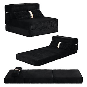 Tiita Folding Sofa Bed Couch, Single Size Foldable Futon Chair Bed with Pillow, Folding Sleeper Sofa Chair Bed Floor Mattress for Guest Room, Living Room, Black