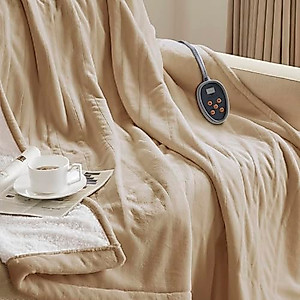 Woolrich Heated Plush to Berber Electric Blanket Throw Ultra Soft Knitted, Super Warm and Snuggly Cozy with Auto Shut Off and Multi Heat Level Setting Controllers, King: 100x90, Tan