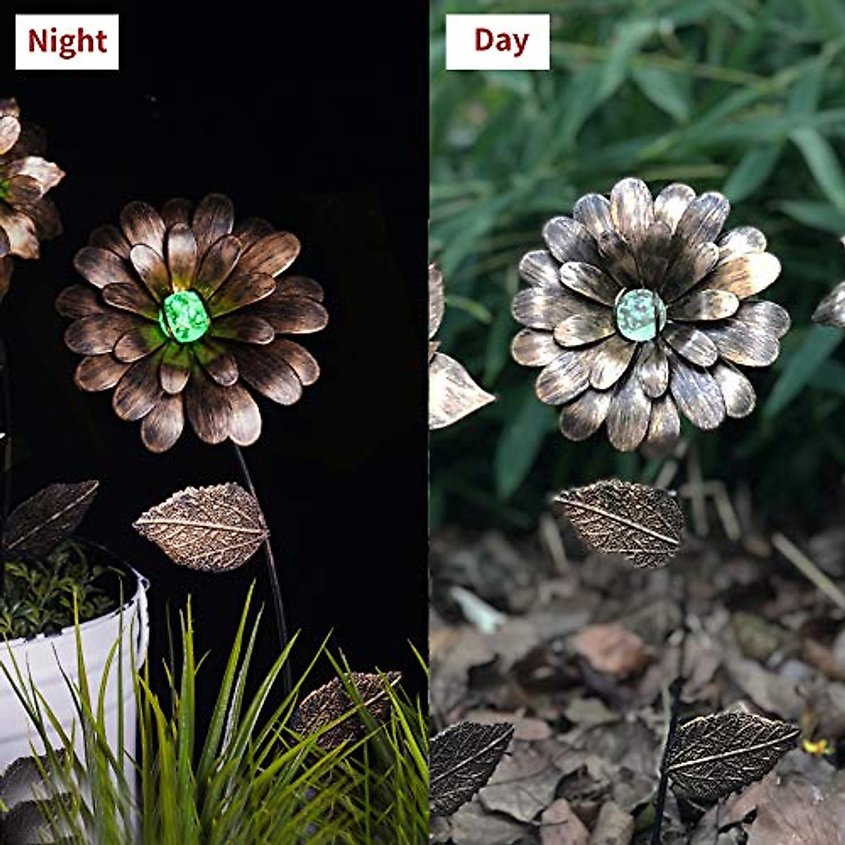 Flower Garden Stake Decor Metal Outdoor Flower Glow in Dark Yard Lawn Ornaments Decor,Set of 3,Gold Flower