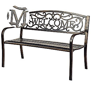 S AFSTAR Garden Bench, Outdoor Metal Porch Bench for Park Garden Yard, Patio Bench with Weather-Resistant Cast Iron Backrest and Welcome Pattern, Front Door Bench Park Bench for Outside (Bronze)