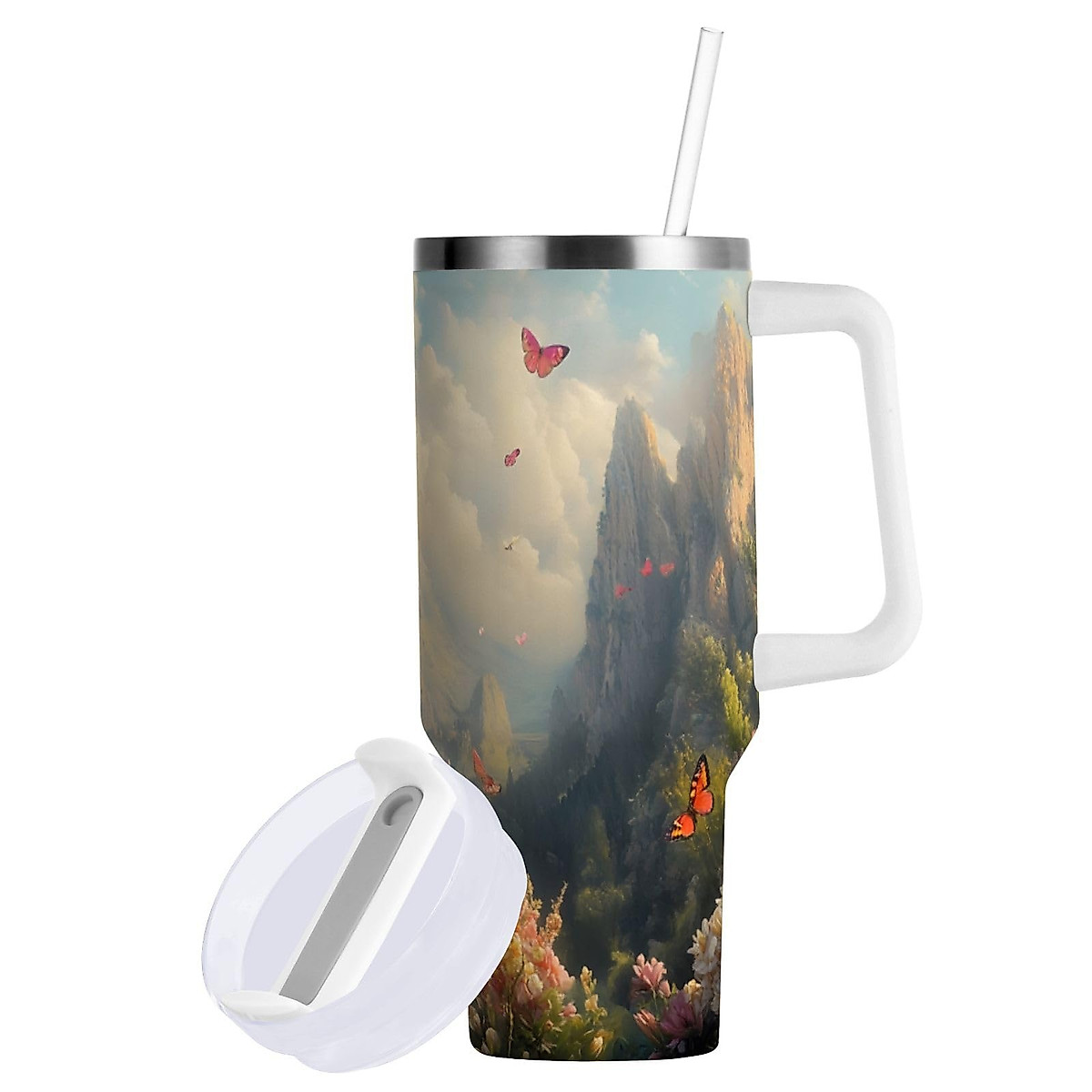 Jihqo Spring Butterflies Landscape 40 oz Stainless Steel Vacuum Insulated Tumbler with Handle and Straw Lid, Leakproof Water Bottle Double Wall Travel Mug Coffee Cup, Cupholder Friendly