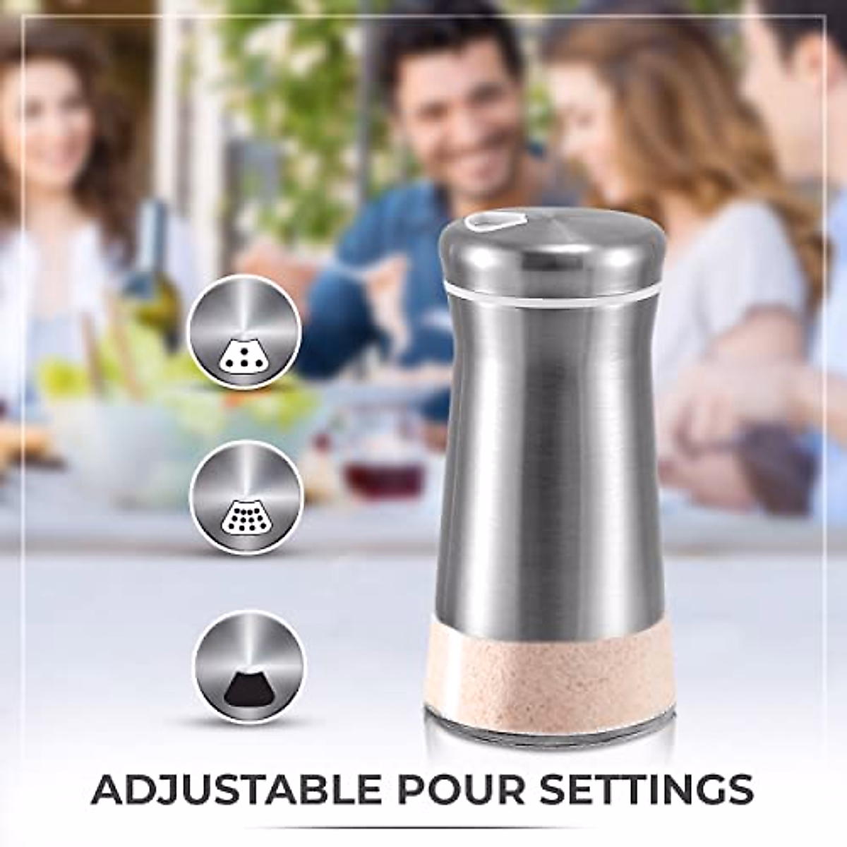 Salt Shaker or Pepper Shaker with Adjustable Pour Holes - Elegant Stainless Steel Spice Dispenser - Perfect for Himalayan, Table Salt, White and Black Pepper (Salt Shaker)