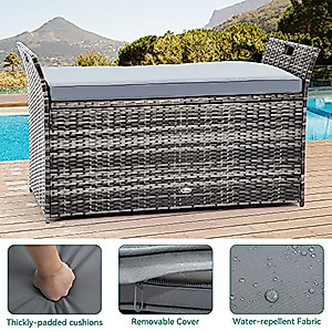 YITAHOME 90 Gallon Outdoor Wicker Storage Bench w/Cushion, Large PE Rattan Deck Storage Box w/Handles & Hydraulics for Patio Furniture, Cushions, Garden Tools, Pool & Sports Equipment, Gray