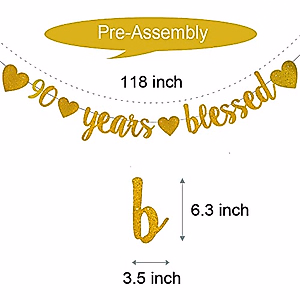 WEIANDBO 90 Years Blessed Gold Glitter Banner,Pre-Strung,90th Birthday / Wedding Anniversary Party Decorations Bunting Sign Backdrops,90 Years blessed