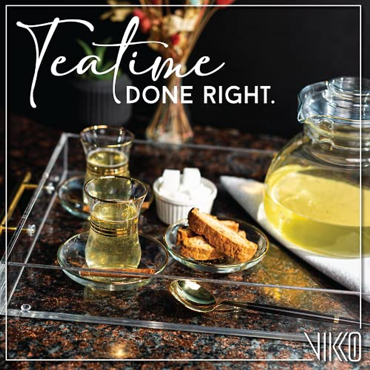 Vikko Turkish Tea Glasses & Saucers, 4 Oz Authentic Turkish Tea Cups,Set of 6 Clear Glass Tea Cups And Saucers, Gold Accented Turkish Tea Cup Set, 6 Cups and 6 Plates