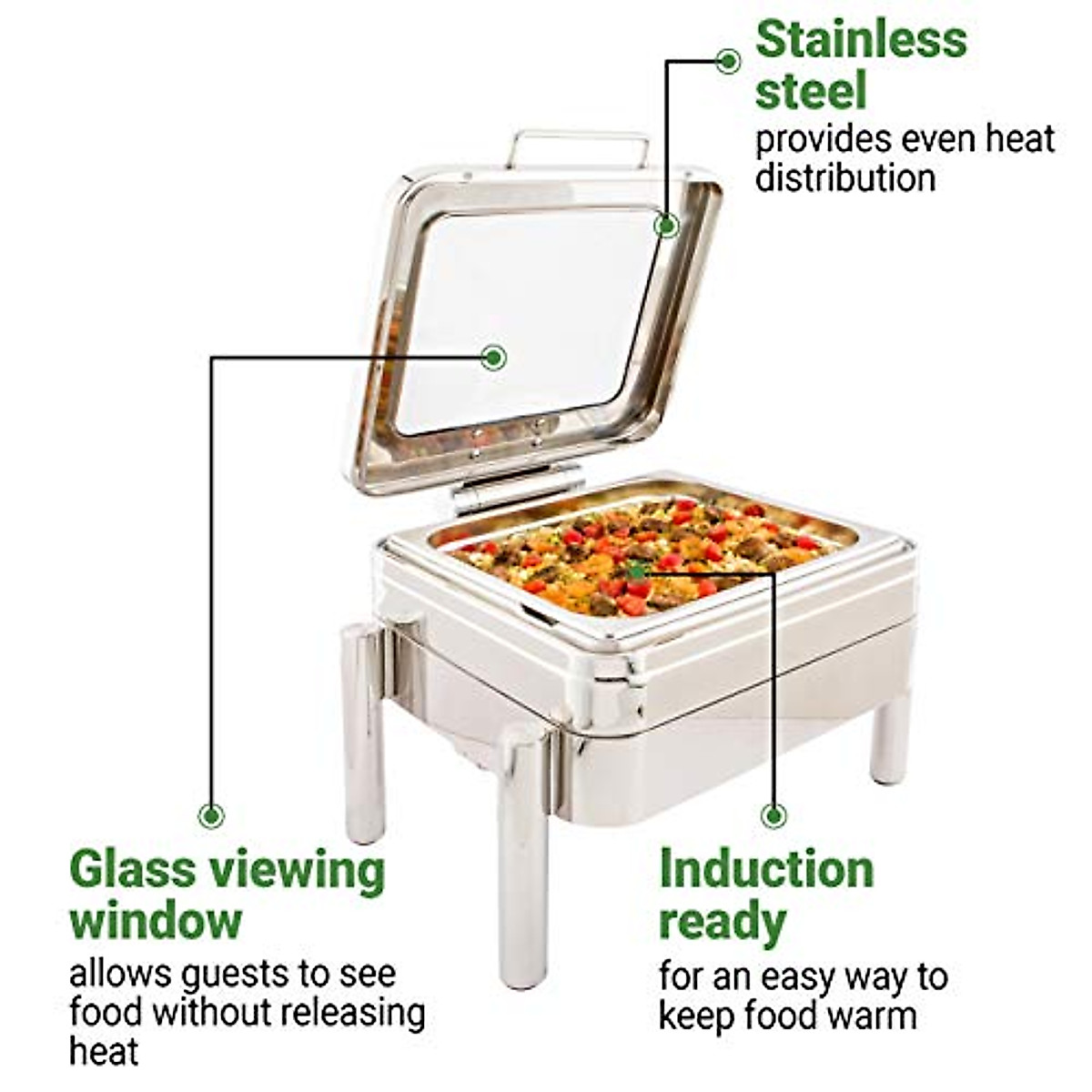 Restaurantware 6 Qt Chafing Dish 1 Induction Ready Serving Chafer - With Glass Window Round Silver Stainless Steel Buffet Chafer Chafer Frame Sold Separately For Parties And Events