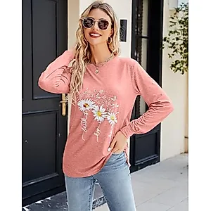 JNIFULI Womens Casual Long Sleeve Tunic Tops Funny Letter Sunflower Print Side Split Loose Fit Pullover T Shirts
