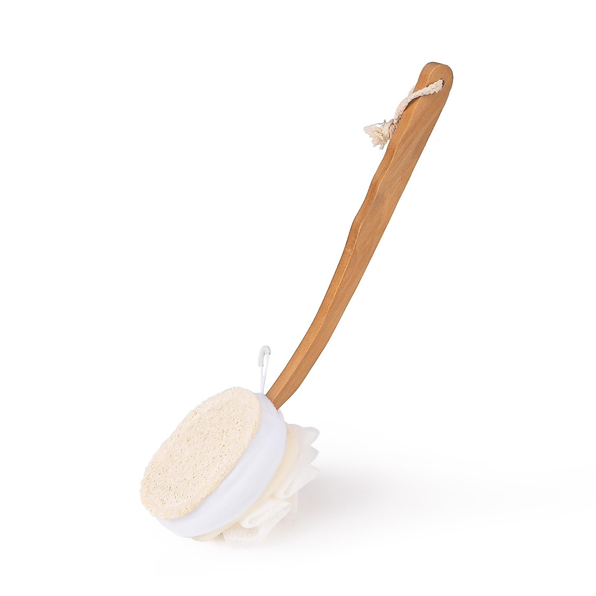 Shower Body Scrubber with Curved Long Handle, Dual-Sided Brush with Soft Mesh and Natural Loofah for Skin Exfoliating, Back Body Exfoliator for Bath