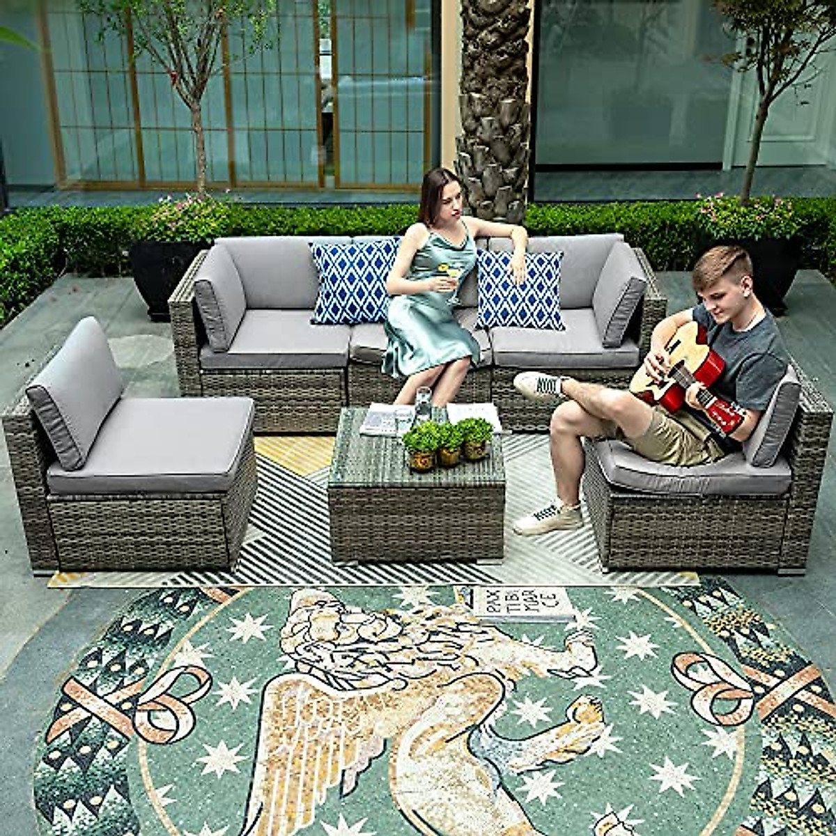 YITAHOME 6 Pieces Patio Furniture Set, Outdoor Sectional Sofa PE Rattan Wicker Conversation Set Outside Couch with Table and Cushions for Porch Lawn Garden Backyard, Grey