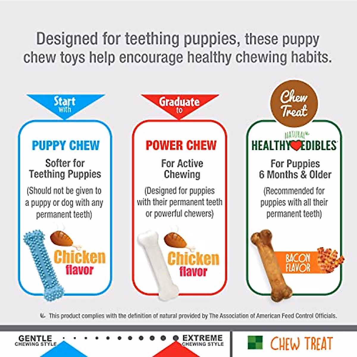 Nylabone Puppy Triple Pack - Blue Puppy Teething Toy, Nylon Dog Toy, & Chew Treat Variety Pack - Puppy Supplies - Chicken and Bacon Flavors, Small/Regular (3 Count)