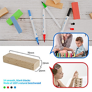 OMNIBLOKS Tumbling Tower Game with 54 Blank Tumbling Blocks, 4 Coloring Markers - Tabletop Wood Block Game Tower Kids Stacking Game - Indoor Party Games - Family Game Night, Kids Games 3+